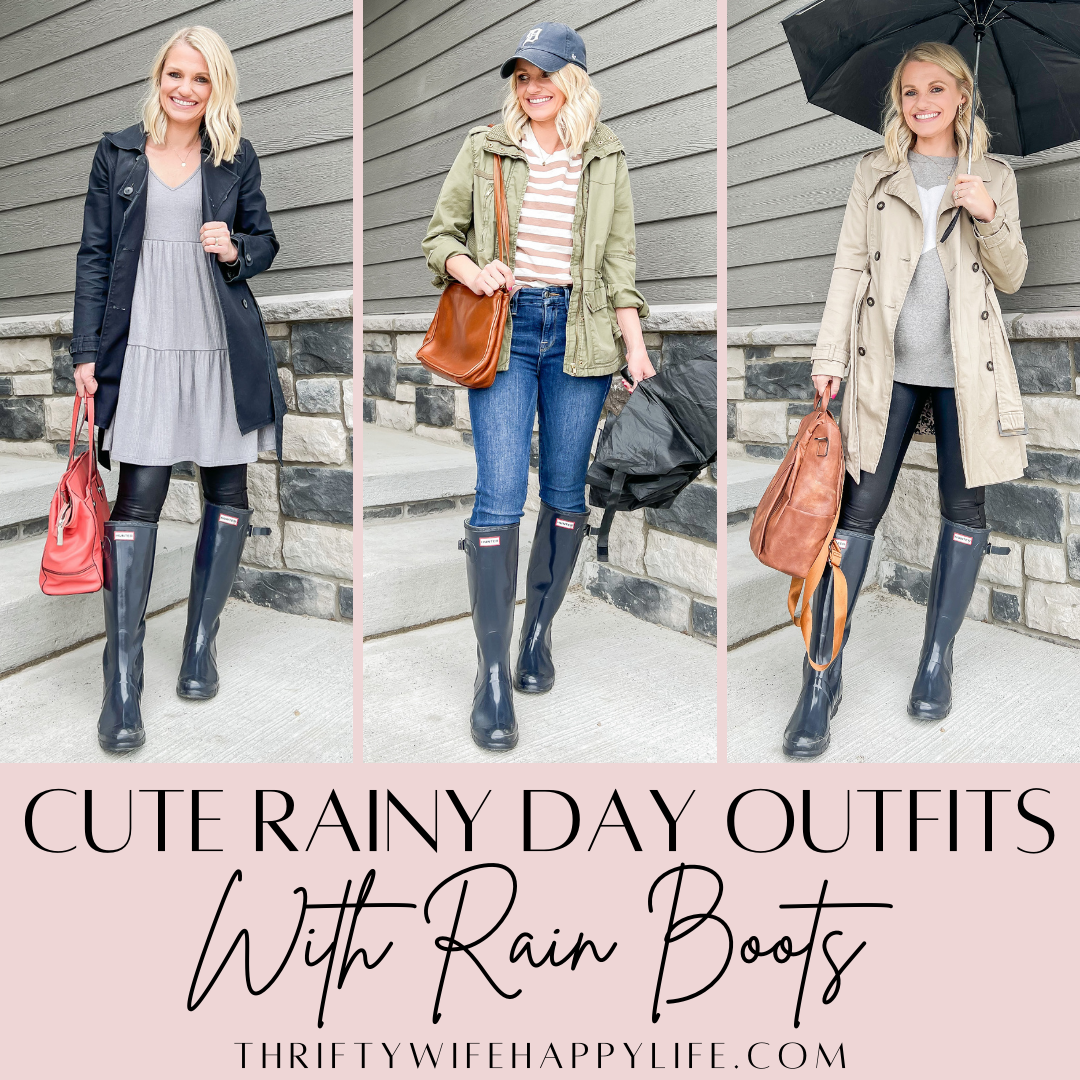 Cute Rainy Day Outfit Ideas With Rain Boots - Thrifty Wife Happy Life
